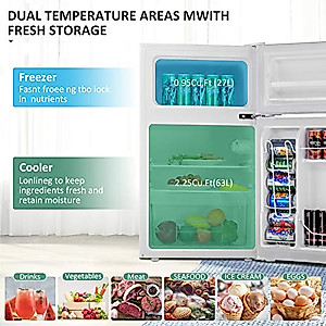 Hysache 3.2 cu ft ompact Refrigerator, Double Door Mini Fridge w/Removable Glass Shelves, Mechanical Control & Angle LED Light, Energy Saving Separate Freezer for Home, Office & Dorm (White)