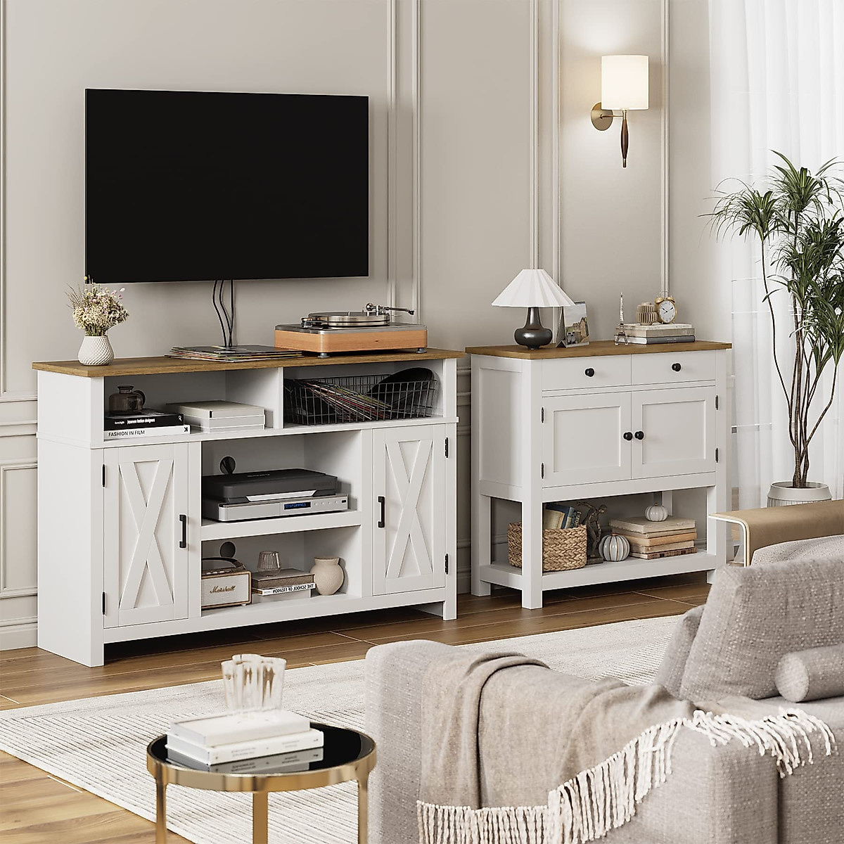 HOSTACK Barn Door TV Stand for TVs Up to 65", Modern Farmhouse Wood Entertainment Center, Media Console Table with Storage Cabinet & Adjustable Shelves, Buffet Sideboard for Dining Room, White