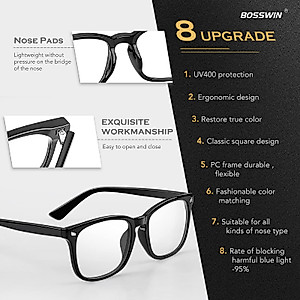 BOSSWIN - 5Pack Blue Light Blocking Glasses Square Nerd Eyeglasses Frame for Men and Women, Anti Eyestrain Reading Computer Gaming Glasses Non Prescription
