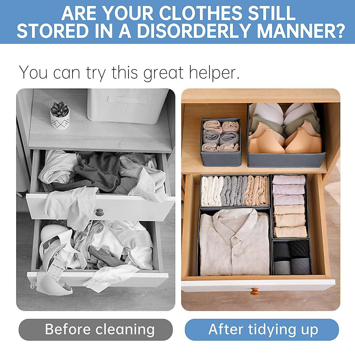 NAC HOOH Drawer Organizer Clothes 12Pack Underwear Drawer Organizer Foldable Closet Organizers and Storage Dresser Drawer Dividers for Clothes Socks Scarves Towels Ties (Gray) (12 PACK Gray)