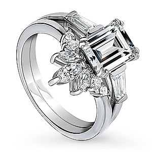 BERRICLE Sterling Silver 3-Stone Wedding Engagement Rings Emerald Cut Cubic Zirconia CZ 7-Stone Ring Set for Women, Rhodium Plated Size 6
