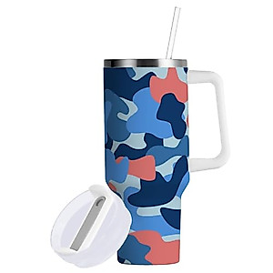 GKCLOCK 40 oz Tumbler with Handle and Straws, Insulated Reusable Stainless Steel Travel Coffee Mug Water Bottle for Office & Outdoor, Cupholder Friendly (Blue Camouflage)