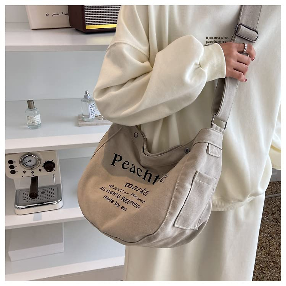 Vintage Grunge Tote Bag with Zipper Hobo Bags for Women Canvas Crossbody Tote Y2k Aesthetic Hippie Bag Fairycore Clothes (Beige)