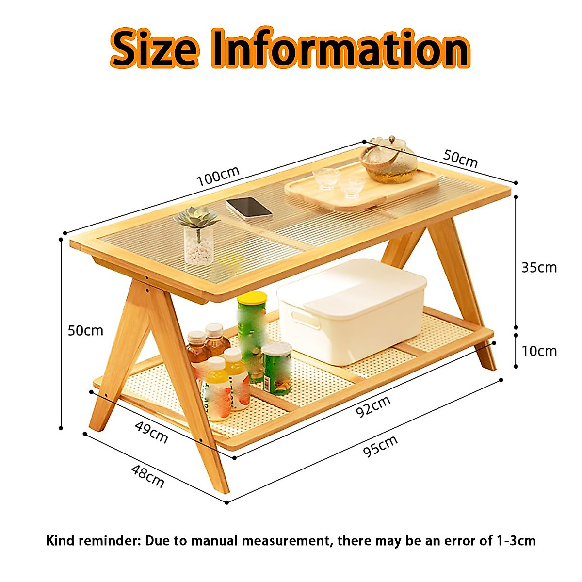 CUPKEE Bamboo Solid Wood End Table, Glass Table End Tables, Double Layer Large Capacity Sofa Side Cabinet with Storage for Living Room, Balcony, Bedroom