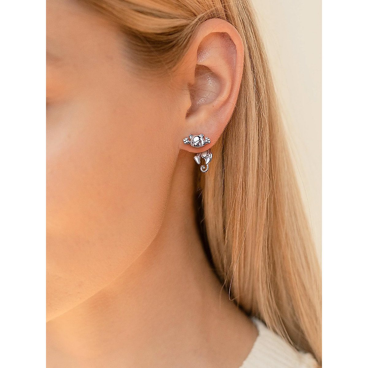 925 Silver Cute Cat Earrings Stud Solid Sterling Jewelry " Kiss me Hug Me" 3D Kitten Ear Jacket Earring for Women Teen Girls