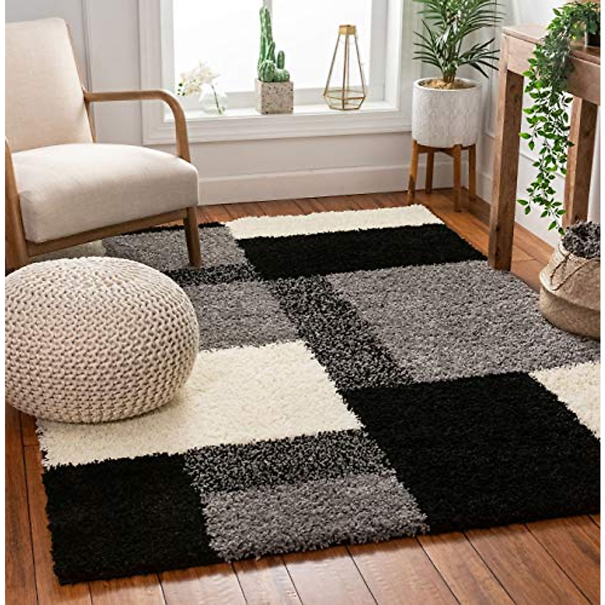 Well Woven Madison Shag Cubes Black Modern Area Rug 5'3" x 7'3"