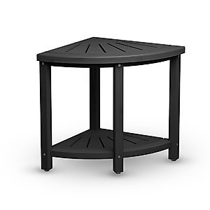 BEKVEM Bamboo Corner Shower Bench for Inside Shower Waterproof, with Adjustable Feet and Storage Shelf, Shower Stool for Shaving Legs Foot Rest, Bathroom Bench Seat for Indoor or Outdoor Use, Black