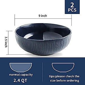 KOOV 2.4 Quarts Porcelain Big Salad Bowl Set, 9" Large Serving Bowls, Ceramic Bowls for Kitchen, Big Bowl for Eating, Striped Series Set of 2 (Aegean)
