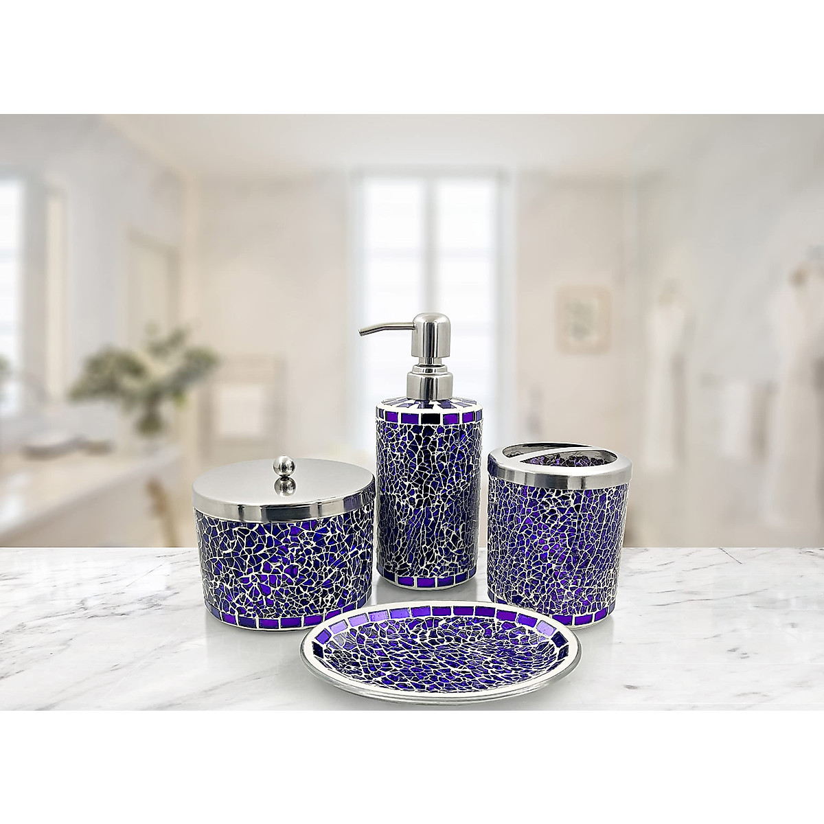 LushAccents Bathroom Accessory Set, 4-Piece Decorative Glass Bathroom Accessories Set, Soap Dispenser, Soap Tray, Jar, Toothbrush Holder, Elegant Seafoam Green Mosaic Glass