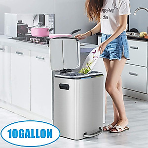 Kitchen Trash Can with Lid & Double Barrel for Bedroom Bathroom Office High Capacity Step Trash Bin Fingerprint-Proof Brushed Stainless Steel Garbage Can 10 Gallon/ 40L