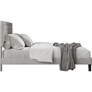 GJHOME Queen Size Bed Frame Upholstered Platform Bed with Adjustable Headboard, Button Tufted, Wood Slat Support, Easy Assembly, Light Gray