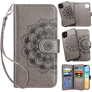 Vofolen 2-in-1 Case for iPhone 11 Case Wallet Credit Card Holder ID Slot Detachable Hybrid Protective Slim Hard Shell Magnetic PU Leather Folio Pocket Flip Cover for iPhone 11 6.1 inch Mandala Grey