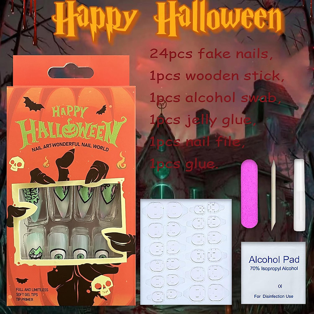 Halloween Stiletto Press on Nails Medium，Green Fake Nails Gradient False Nails with Eyeball Love Wound Lips Tongue Brain Styptic Halloween Designs Acrylic Nails Glossy Artificial Nails for Women 24Pcs