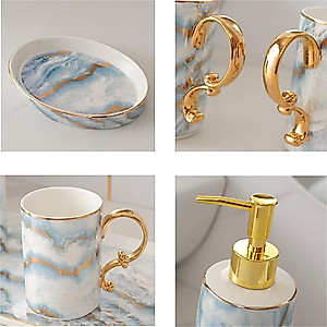 Soap Dispenser Ceramic Bathroom Accessories Set - 5 Pieces Bath Accessory Sets - Soap Dispenser Toothbrush Holder Soap Dish and Mouthwash Cup with Gold Rim Handles Soap Dispenser for Bathroom Kitchen