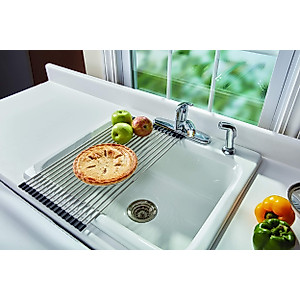 Farberware Roll up Dish Drying Over The Sink Rack Mat with Stainless Steel Wires, Large, Silver/Black