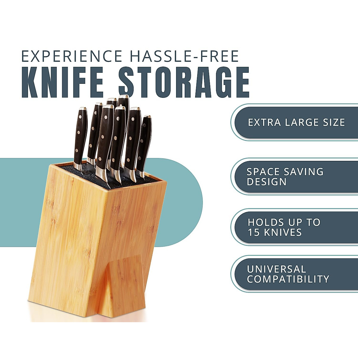 XL Large Universal Knife Block without Knives - Bamboo Countertop Knife Holder w/Removable Bristles - Convenient & Versatile for Any Knife Size