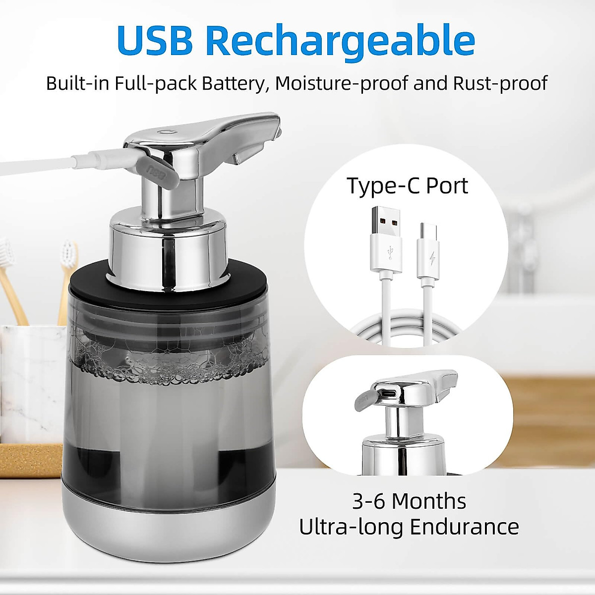 Automatic Soap Dispenser Touchless: 10oz Foaming Soap Dispenser, Hand Free Soap Dispenser Rechargeable Soap Dispenser, for Bathroom, Kitchen, Hotel…