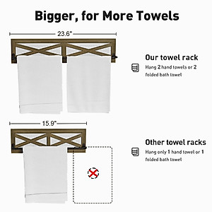 Extra Long Rustic Towel Rack 2 PCS, 23.6 Inch Monterey Pine Solid Wood Towel Holders Wall Mounted with Metal Bar, Brown Farmhouse Style, for Hand & Bath Towels, Bathroom Powder Room Decor