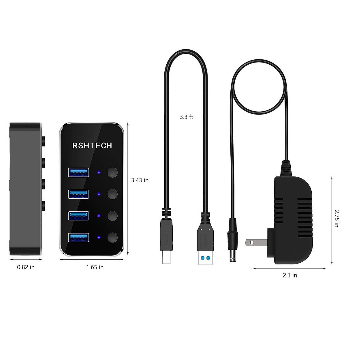 Powered USB Hub, RSHTECH 4 Port USB 3.0 Hub Splitter Portable Aluminum USB Data Hub Expander with Individual On/Off Switch and Universal 5V AC Adapter, 3.3ft USB 3.0 Cable (RSH-516)