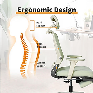 Foldable Ergonomic Office Chair, High Back Desk Chair with Footrest, Mesh Back Computer Chair with Fixed Headrest, 2D Armrest, Adjustable Lumbar Support, Soft Sponge Seat, Swivel Task Chair, Green