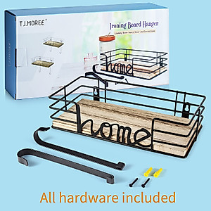 TJ.MOREE Ironing Board Hanger Wall Mount - Laundry Room Decor Iron and Ironing Board Holder with Large Storage Wooden Base Basket and Removable Hooks (Black)