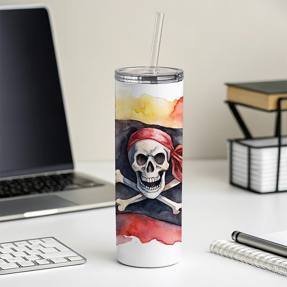 Pirate Jolly Roger Skull Crossbones Flag Watercolor Skinny Tumbler 20oz with Straw Insulated Water Bottle Gift