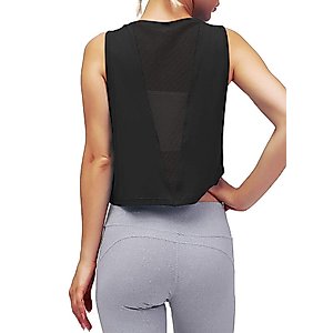 Mippo Cropped Workout Tops for Women Crop Top Workout Shirts Muscle Shirts Mesh Tank Athletic Clothes Active Wear Black M