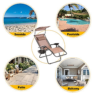BMS Lounge Chairs with Canopy Cup Holder for Patio Balcony Poolside, Brown