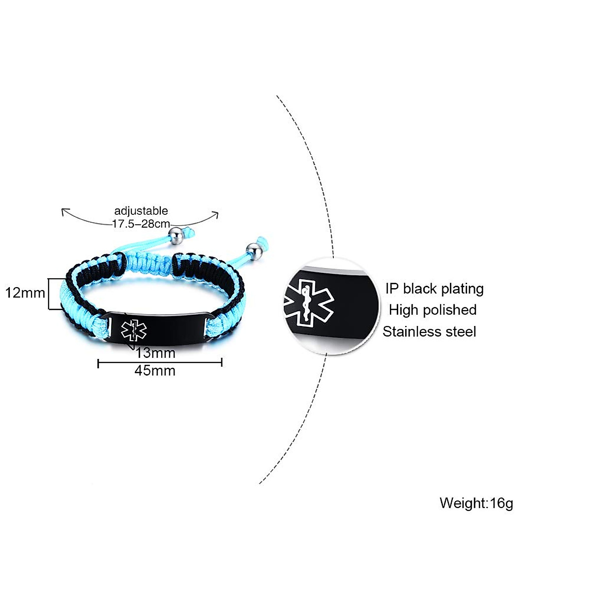 VNOX Customize Medical Alert 13MM Handmade Braided Rope Stainless Steel ID Paracord Adjustable Bracelet,Blue