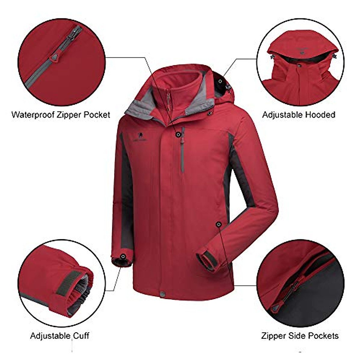CAMEL CROWN Men’s Ski Jacket 3 in 1 Waterproof Winter Jacket Snow Jacket Windproof Hooded with Inner Warm Fleece Coat