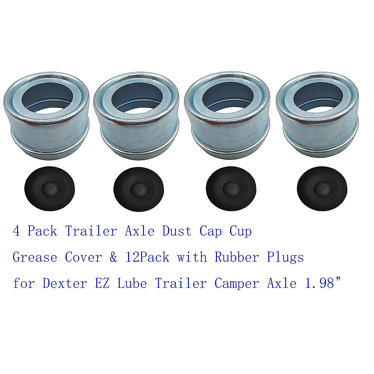 Replaces 4 Pack Trailer Axle Dust Cap Cup Grease Cover & 12Pack with Rubber Plugs for Dexter EZ Lube Trailer Camper Axle 1.98"