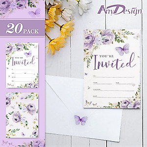 AnyDesign 20 Set Butterfly Purple Floral Invitations with Envelopes Stickers 5 x 7 Inch Spring Watercolor Invitation Paper Cards Blank Invites for Girls Baby Shower Wedding Birthday Dinner Party