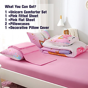 Keyroal 6Pcs Queen Comforter Set with Sheet,Unicorn Flower Bedding Set for Kids,Pink Rainbow Bed in a Bag Bedding for Girls-Smile Unicorn