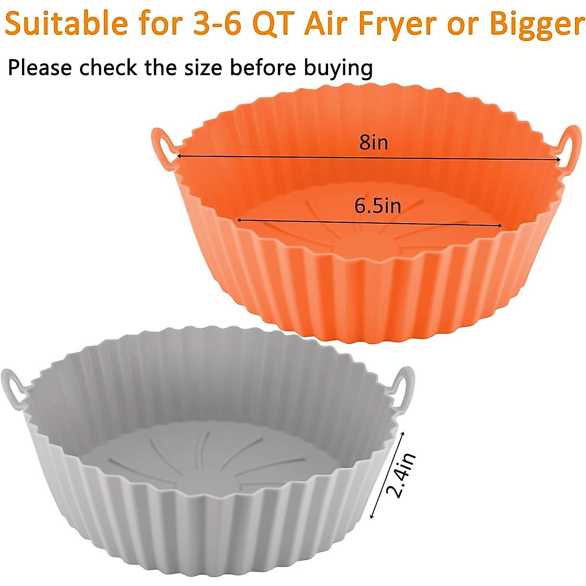 Large 8 Inch 2 Pack Air Fryer Silicone Liners Pot, Round Silicone Air Fryer Basket Baking Tray, Apply to 3.2-6.5 QT Airfryer, Reusable Cooking Oven Insert Accessories(Orange and Gray)