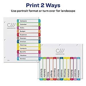 Avery 31-tab Dividers for 3 Ring Binders, Customizable Table of Contents, Multicolor Tabs, 1 Set & 12 Tab Dividers for 3 Ring Binders, Customizable Table of Contents, Multicolor Tabs, 1 Set (11843)