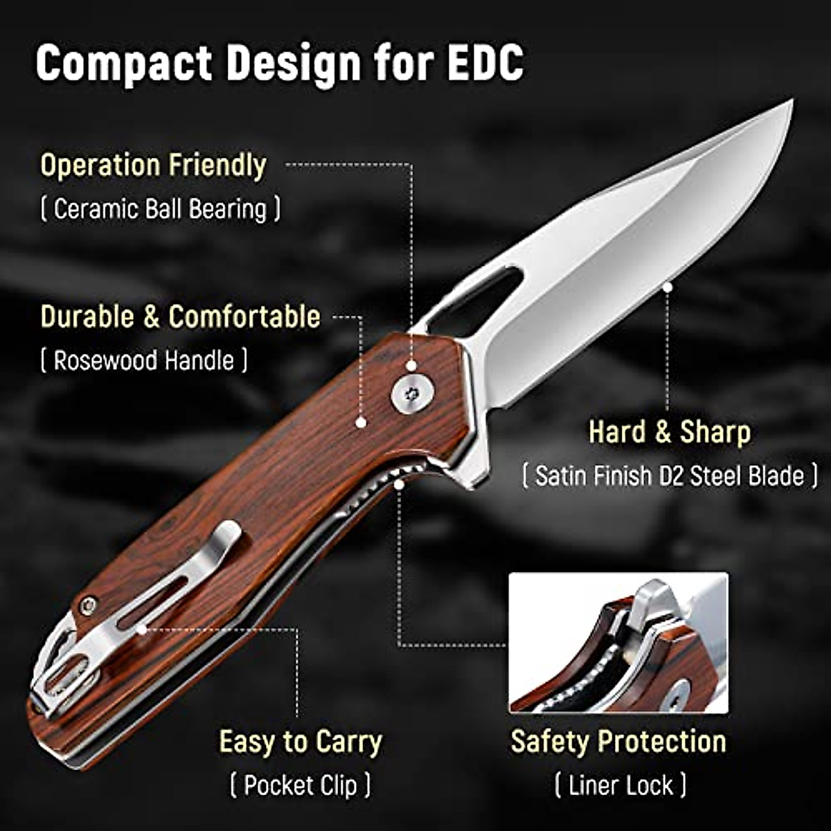 KEXMO Pocket Knife for Men - 2.96'' Ultra Sharp D2 Blade Rosewood Handle Folding Pocket Knife with Clip - Small EDC Wood Knife for Tactical Survival Camping Hunting Gift for Men Dad Husband Women