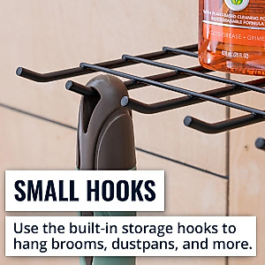 StoreYourBoard The Afton Laundry Room Shelf, Wire Shelving Wall Mounted, Hanging Hooks for Broom and Mop, Cleaning Supplies Shelf for Home and Garage, 17.5" x 9"