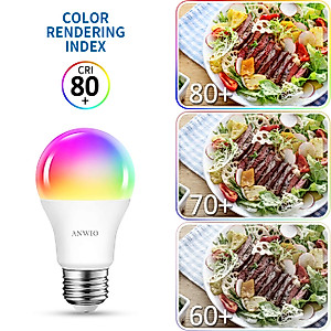 ANWIO 2-Pack Smart Light Bulbs 8.5W (60W Replacement) A19 E26 LED Bulb Work with Alexa, Google Assistant, Smart Life App, Tuya App, Color Changing, No Hub Required