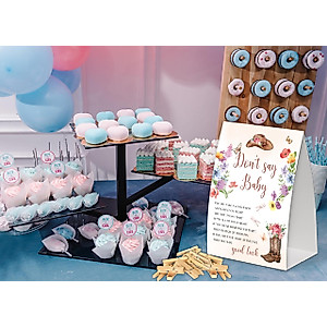 Little Cowgirl Don't Say Baby Game for Baby Shower, Pack of One 5x7 Sign and 50 Mini Natural Clothespins, Western Boots Baby Shower Decoration, Gender Neutral Party Supplies - SC31