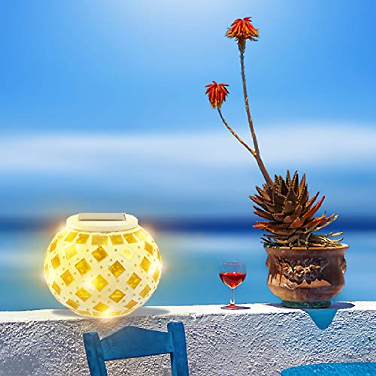 HEALLILY Fence Mosaic Lamp Weatherproof Solar Powered Glass Globe Ball Light LED Pathway Night Lamp for Home Garden Lawn Patio Yard