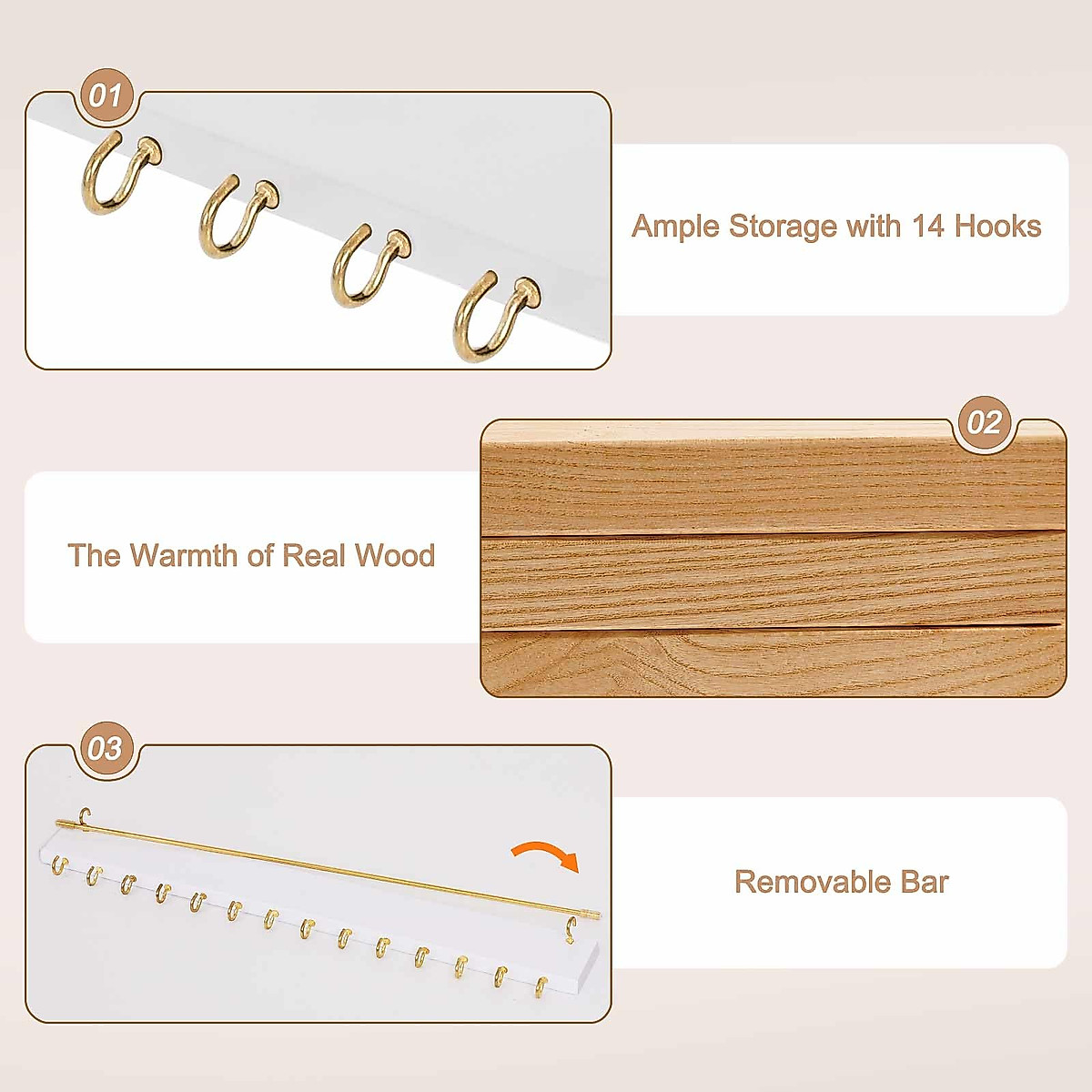 SCUNDA Wall Jewelry Holder Organizer, Adhesive Jewelry Organizer Wall Mount, Space-saving Jewelry Rack with 14 Hooks and Holder, Wooden Jewelry Shelf for Necklace, Earing, Ring, Bracelet(White)