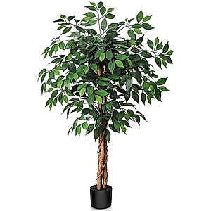 SOGUYI 4ft Artificial Ficus Tree with Natural Wood Trunk, Silk Fake Ficus Tree in Plastic Nursery Pot, Faux Plant for Office Home, Indoor Outdoor Decor, 1 Pack