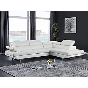 Blackjack Furniture Union Modern Faux Leather Sofa with Adjustable Headrests, Chaise, Elegant Tufted Seat, High-Density Foam and Stainless Steel Legs, Right Facing Sectional, White
