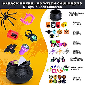 Letapapa 256 PCS Halloween Party Favors for Kids, 32 Pack Prefilled Small Plastic Witch Cauldron With Assorted Halloween Toy In Bulk, Miniatures for Kids Trick or Treat, Halloween Classroom Rewards