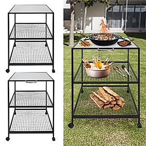 RIAHNEAH Outdoor Grill Cart with Wheels, Picnic Table with 3 layerStorage Shelves, Movable Dining Cart Worktable Trolley for BBQ, Portable Dining Cart Patio Bar Table
