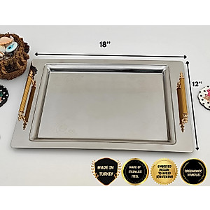 Candymosa Silver Serving Tray with Handles (18”x12”) - Stainless Steel Serving Tray for Drinks and Food - Silver Tray Decorative - Ideal as a Coffee Tray, Bar Tray, Silver Platter or Turkish Tray