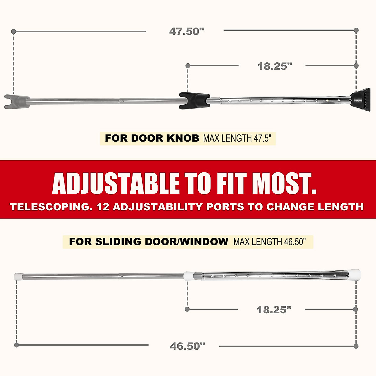 Door Security Bar, SECURITYMAN 2 in 1 Adjustable Door Stoppers Security Bar & Sliding Door Security Bar - Heavy Duty Door Lock Stick Jammer for Apartment, Dorm, Front Door Inside