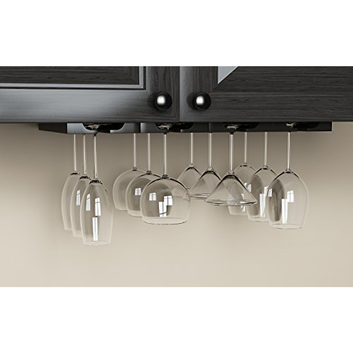 Rustic State 4 Sectional Adjustable Under Cabinet Mount Wood Stemware Rack Hanging Shelf Glassware Holder Bar Organizer with up to 12 Wine Glass Storage 12 Inch Deep Black