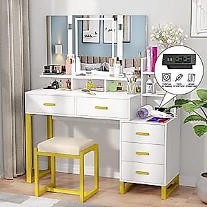 PAKASEPT Vanity Set with Lighted Tri-fold Mirror, 45.59'' Large Vanity Desk with Charging Station, 3-Color Adjustable Touch Light, 5 Drawers, Storage Shelves&Cushioned Stool Makeup Vanity for Bedroom