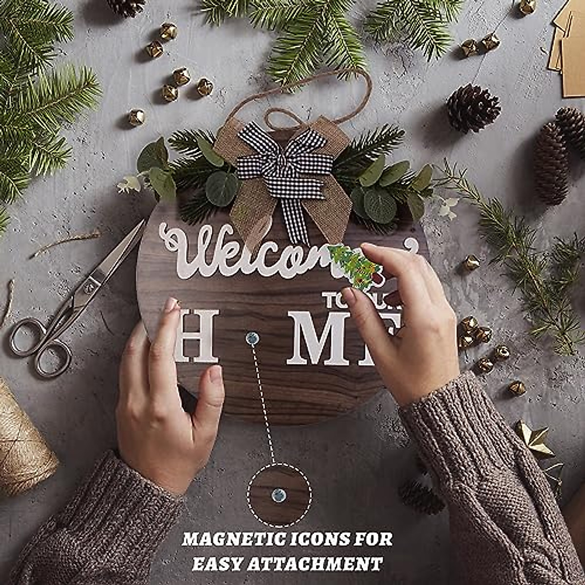 Interchangeable Seasonal Welcome Sign Front Door Decor– 30cm diameter Wooden welcome to our home wreath for home decor and Magnetic Interchangeable Icons, Suitable for all Occasions
